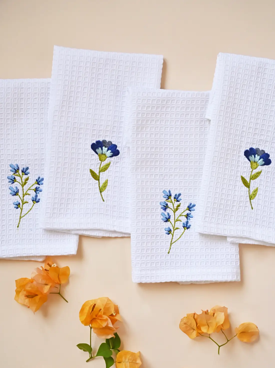 Twilight Bloom White Embroidered Face Towels – Set of 4 - Cananor Guild